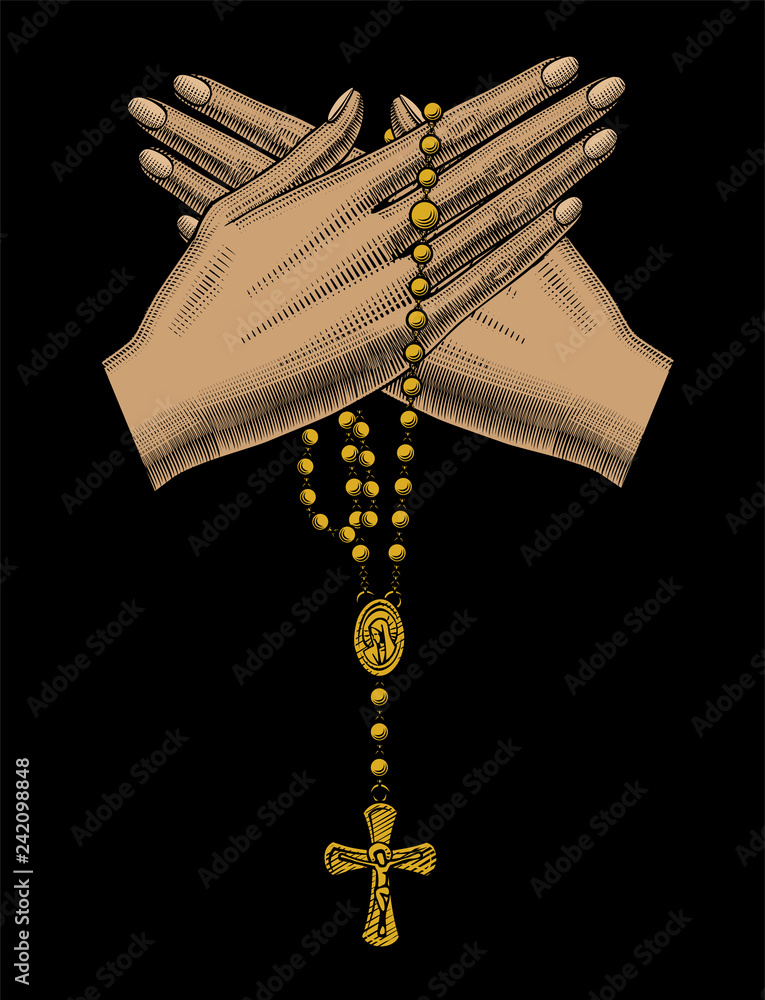 Crossed woman's hand with catholic prayer beads on black. Vintage ...