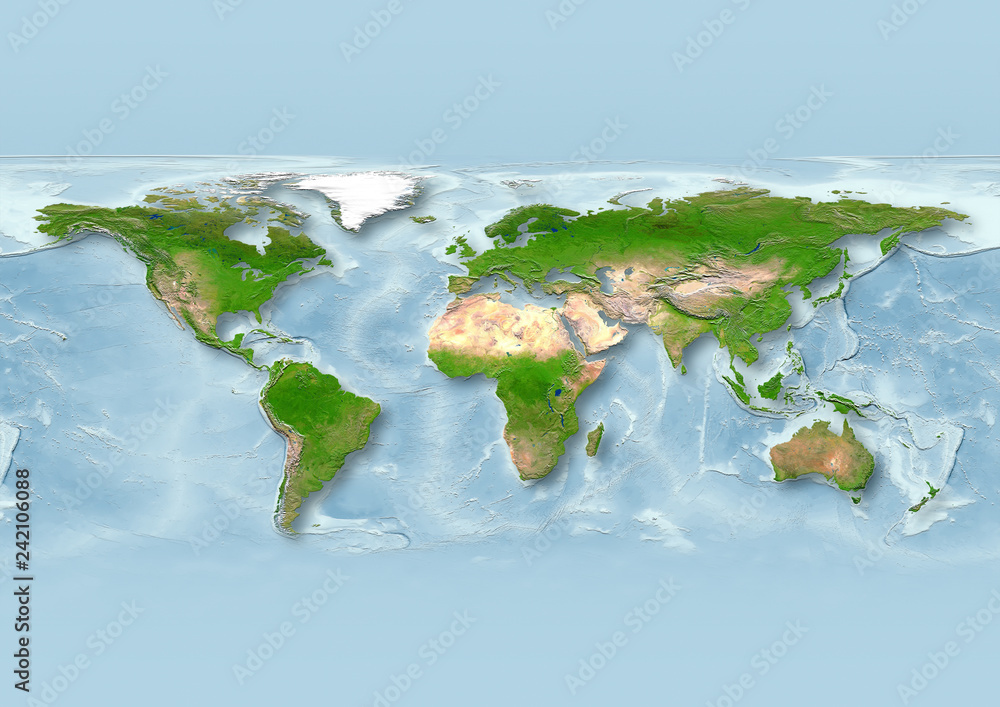 2D illustration of the map of the world in relief depiction with europe ...