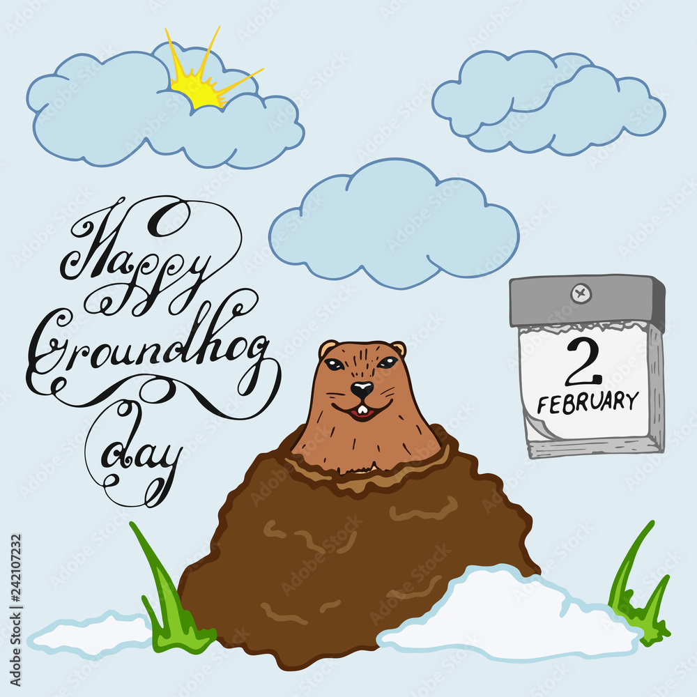 Groundhog Day color cartoon illustration with handwritten lettering ...