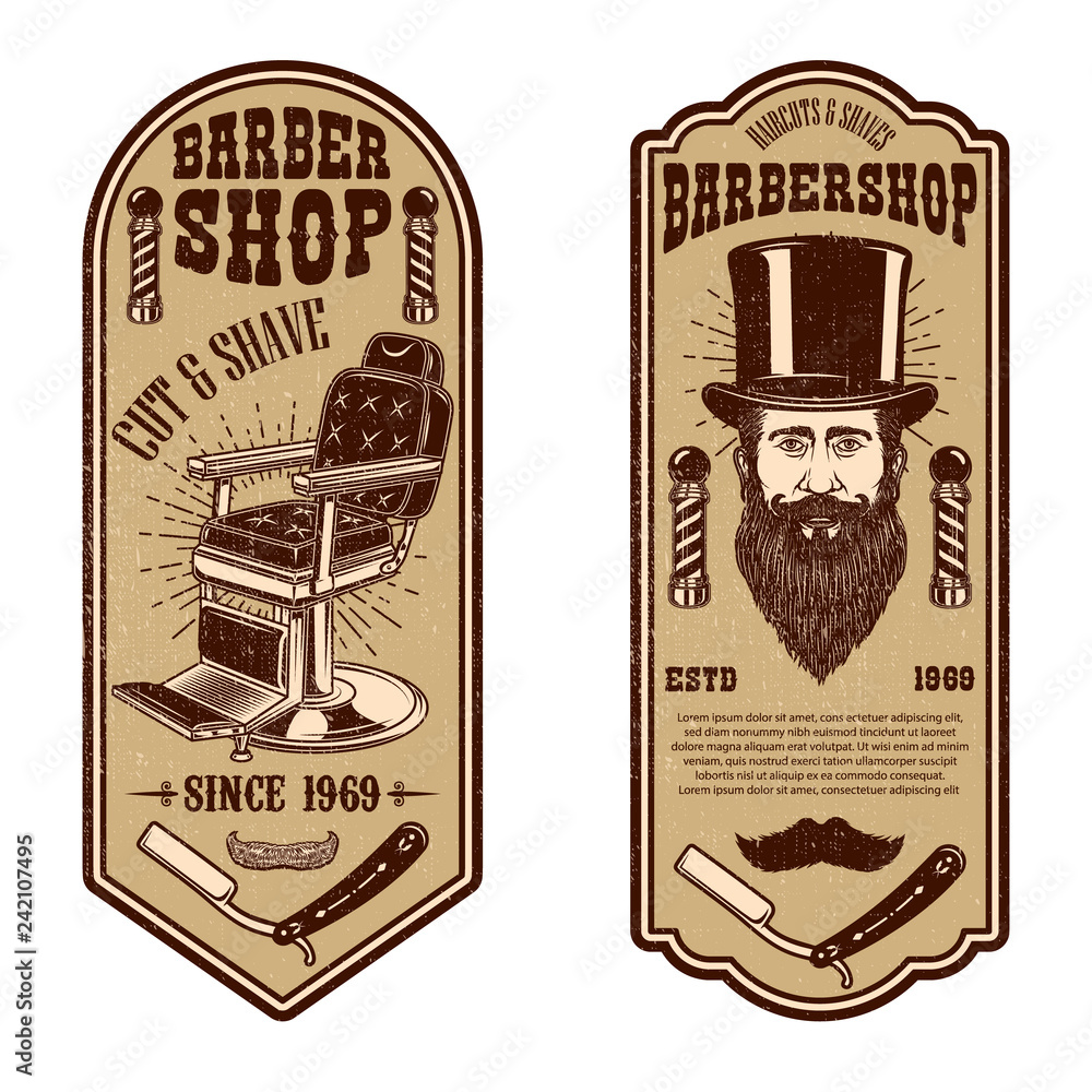 Barber shop flyer template. Barber chair and tools on grunge background ...