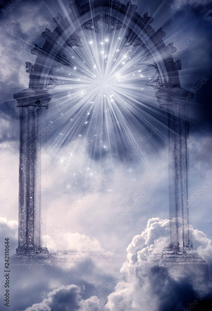 mystical spiritual gate in mystic cloudy sky with stars and light like ...