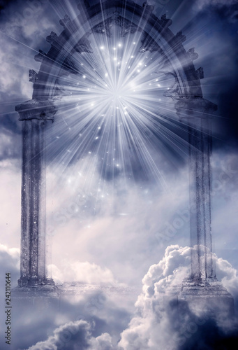 mystical spiritual gate in mystic cloudy sky with stars and light like ...