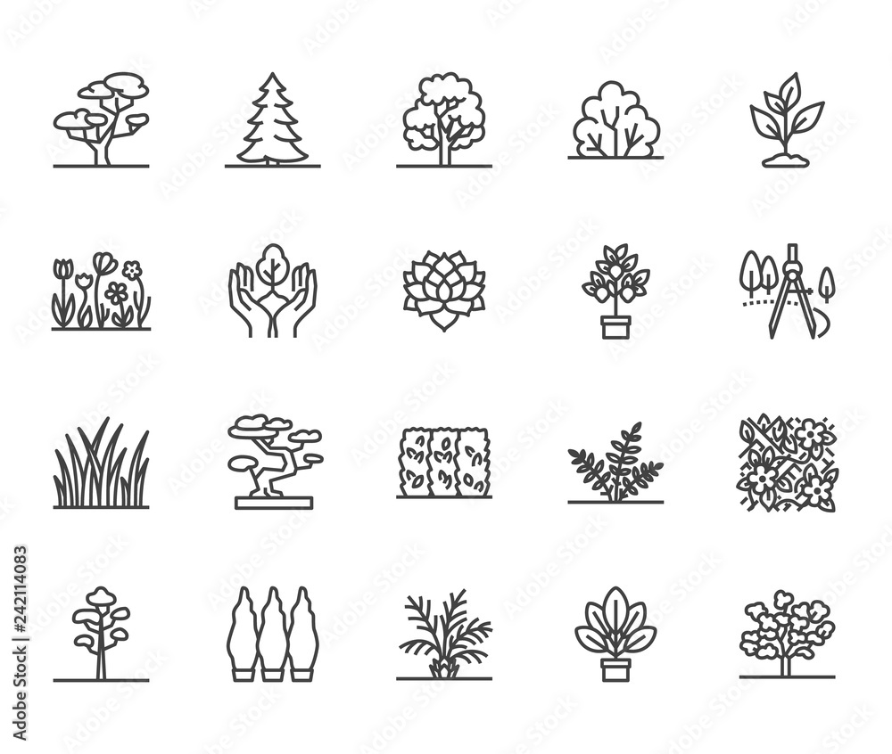Trees flat line icons set. Plants, landscape design, fir tree ...