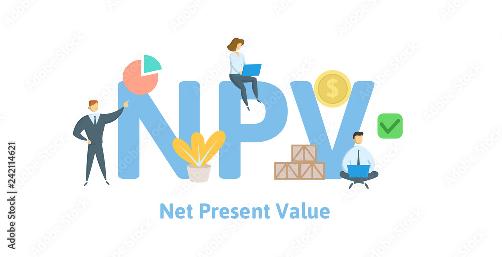 NPV, Net Present Value. Concept with keywords, letters and icons ...