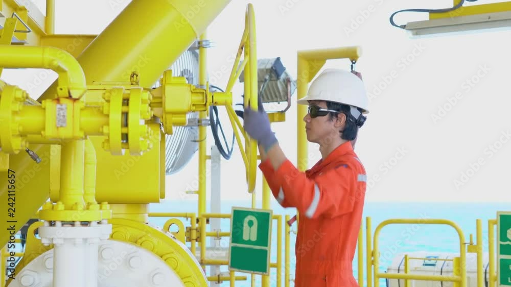 Offshore oil and gas site operation and service, operator open valve ...