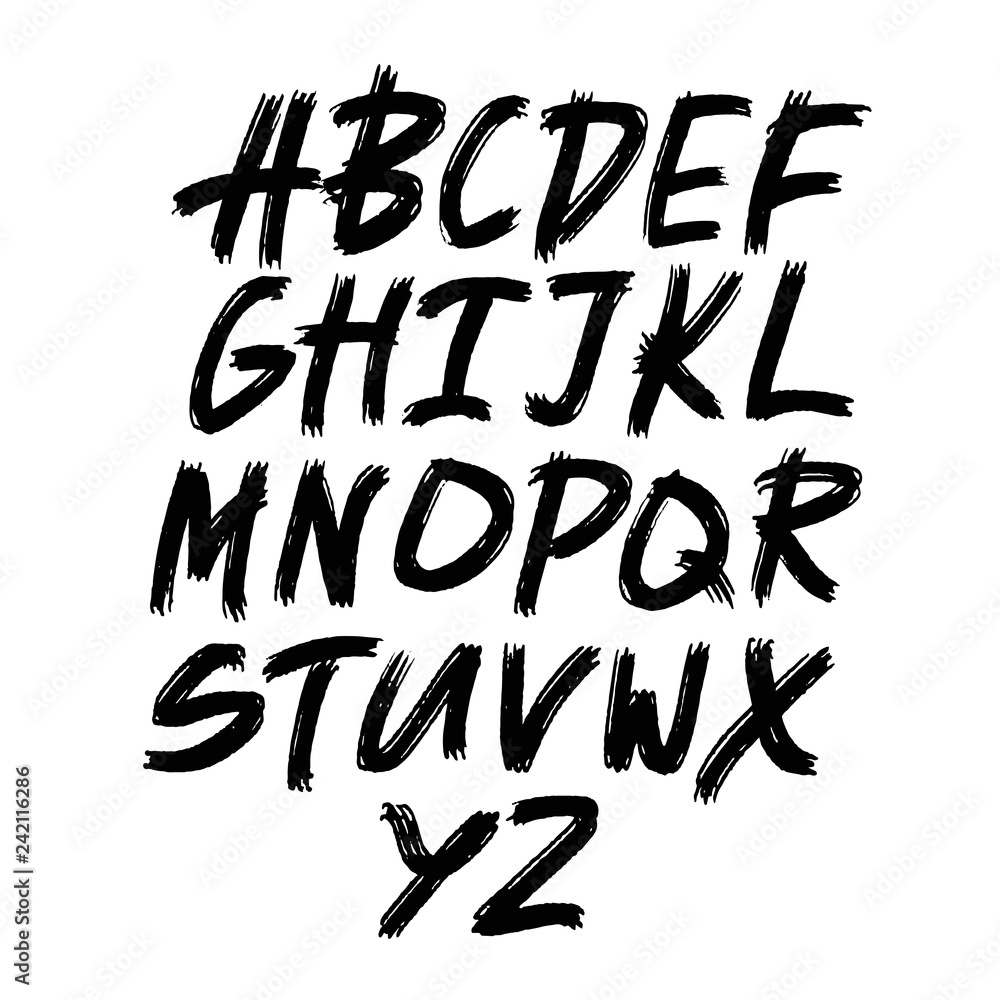 Alphabet letters.Black handwritten font drawn with liquid ink and brush ...