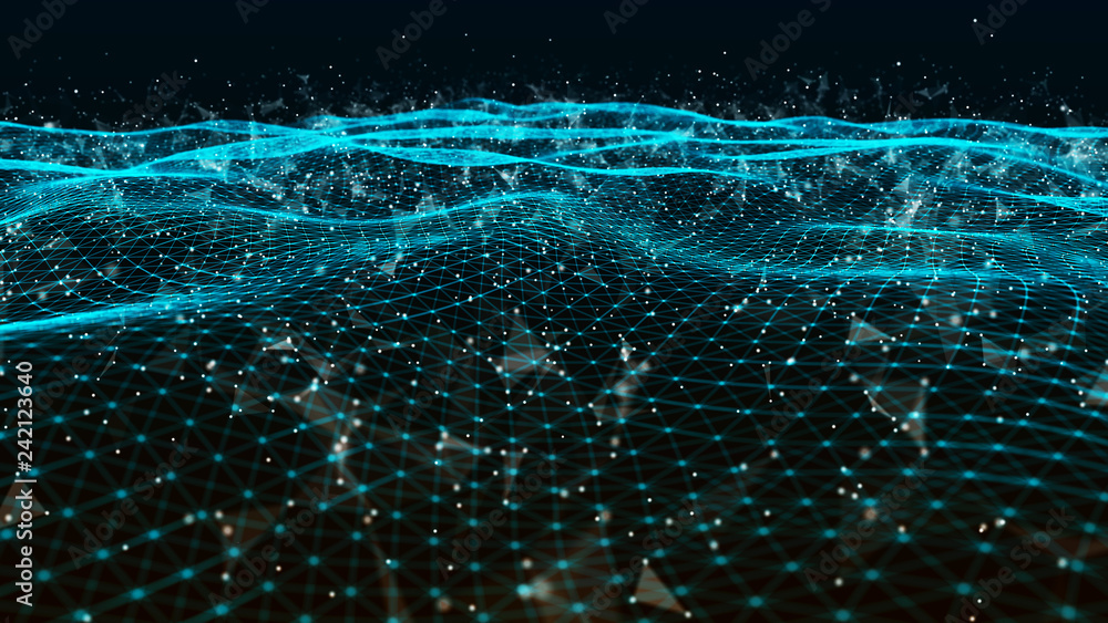 Digital data visualization. cybernetic particles. Low poly mesh. Flow ...