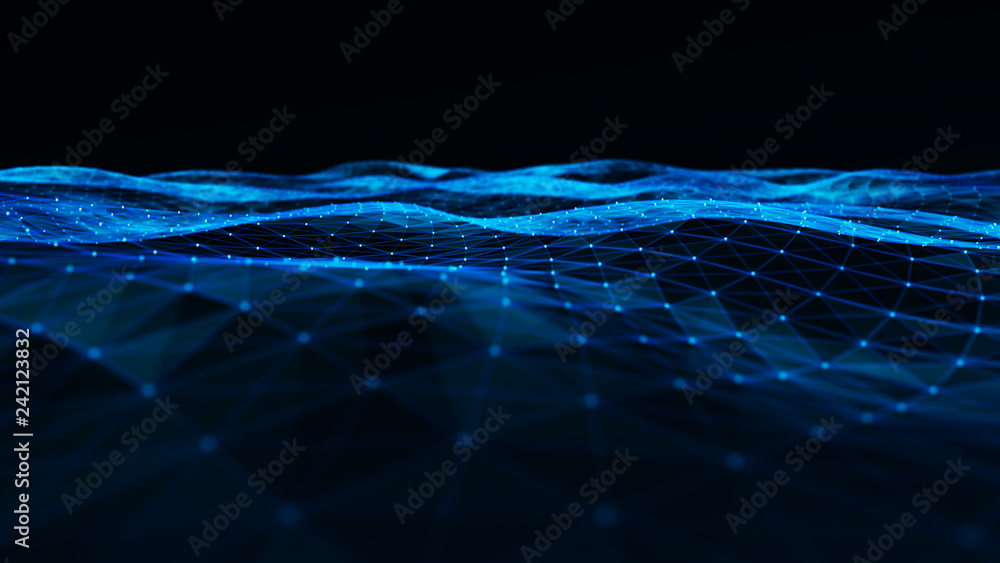 Digital data visualization. cybernetic particles. Low poly mesh. Flow ...