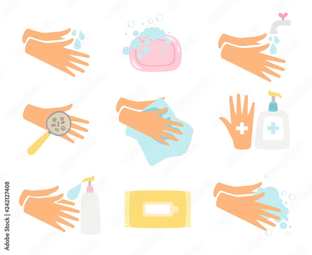 Hand hygiene. Hands washing vector illustration, infected, water washed ...