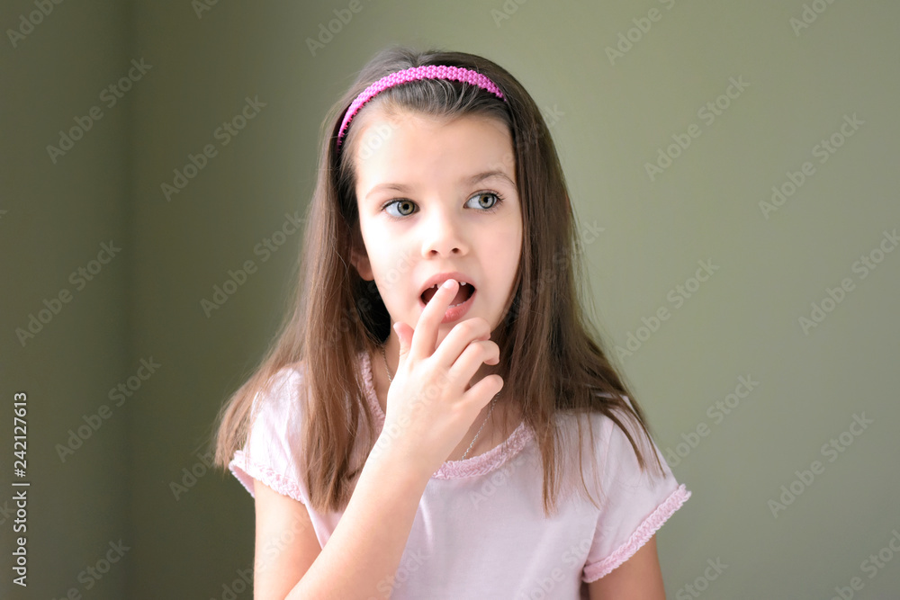 Caucasian white beautiful long haired brunette smiling toothless girl ...