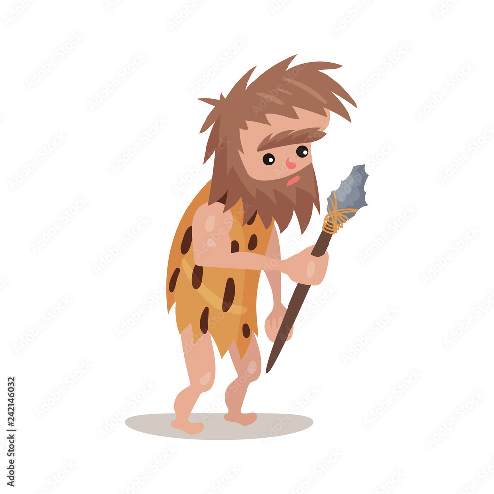 Caveman in an animal skin holding a spear, stone age character colorful ...