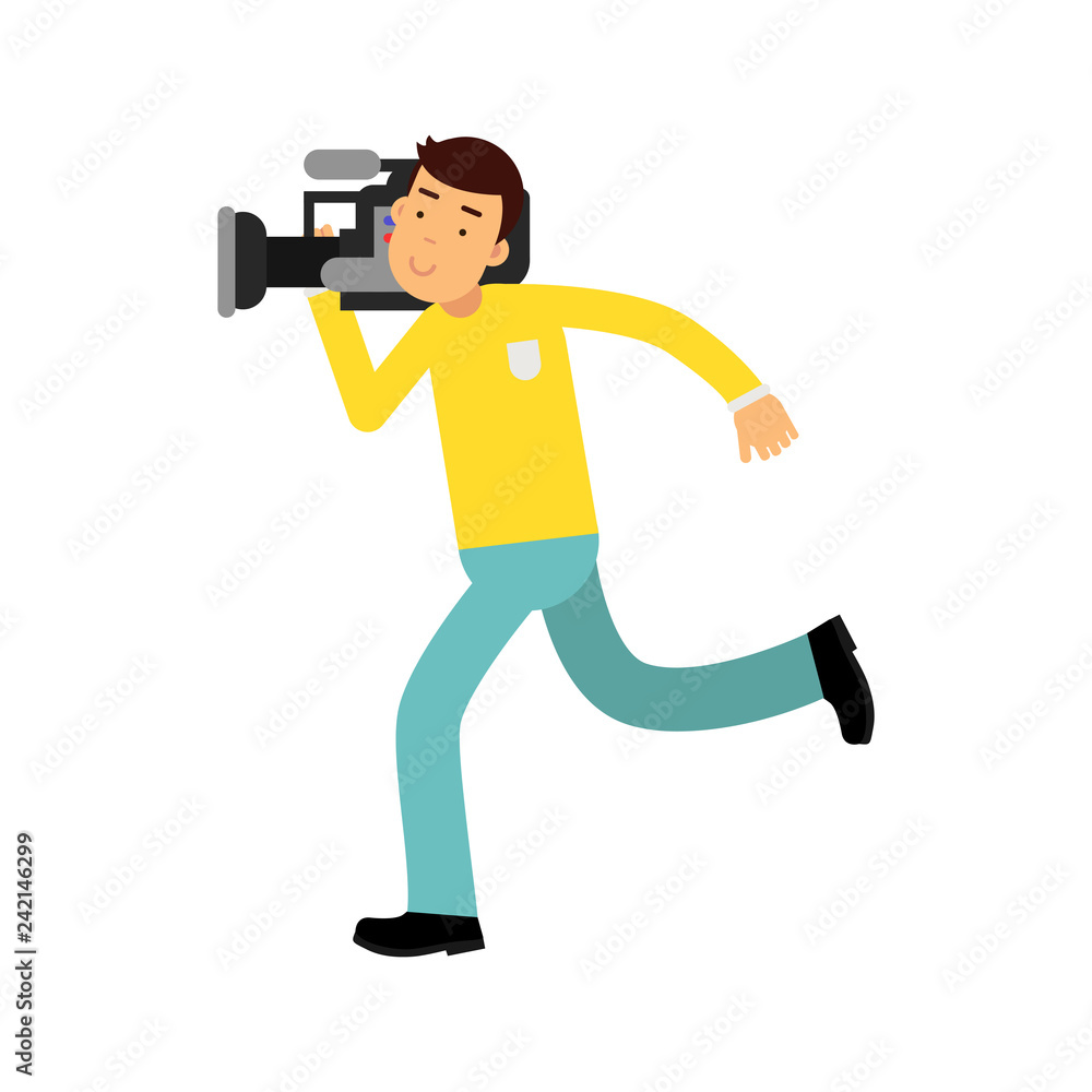 Cameraman character running with a professional camera on his shoulder ...