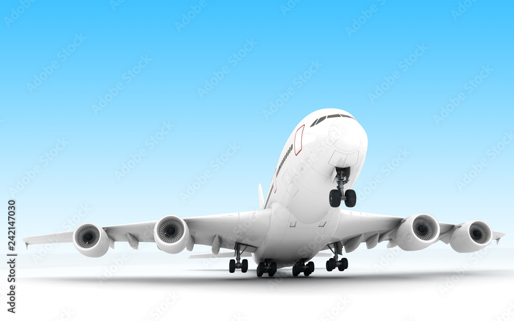 White airplane Airbus A380 takes off. Isolated on blue background ...