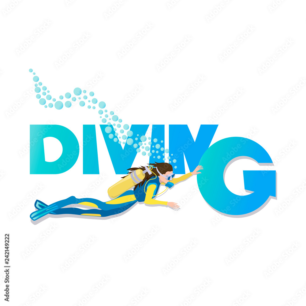 DIVING. Young woman in diving suit and fins swimming underwater with ...
