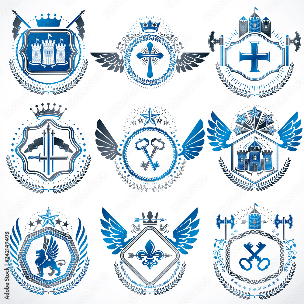 Set of old style heraldry vector emblems, vintage illustrations ...
