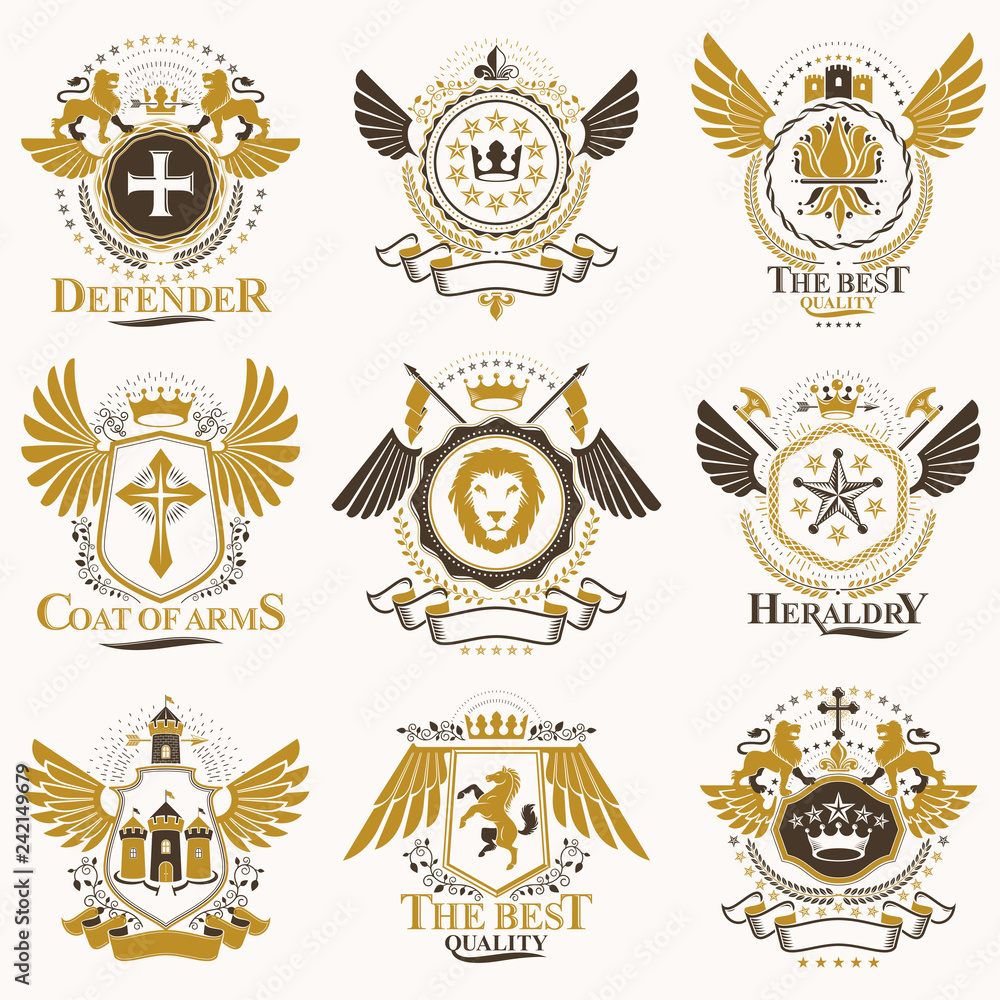 Collection of vector heraldic decorative coat of arms isolated on white ...