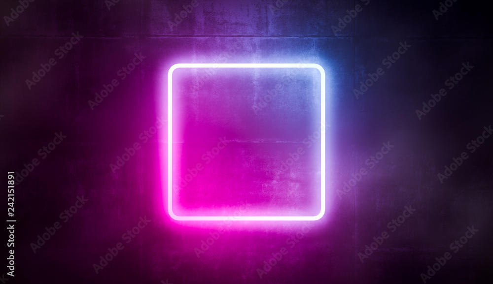 Neon frame abstract square, glowing light blue and pink color on ...