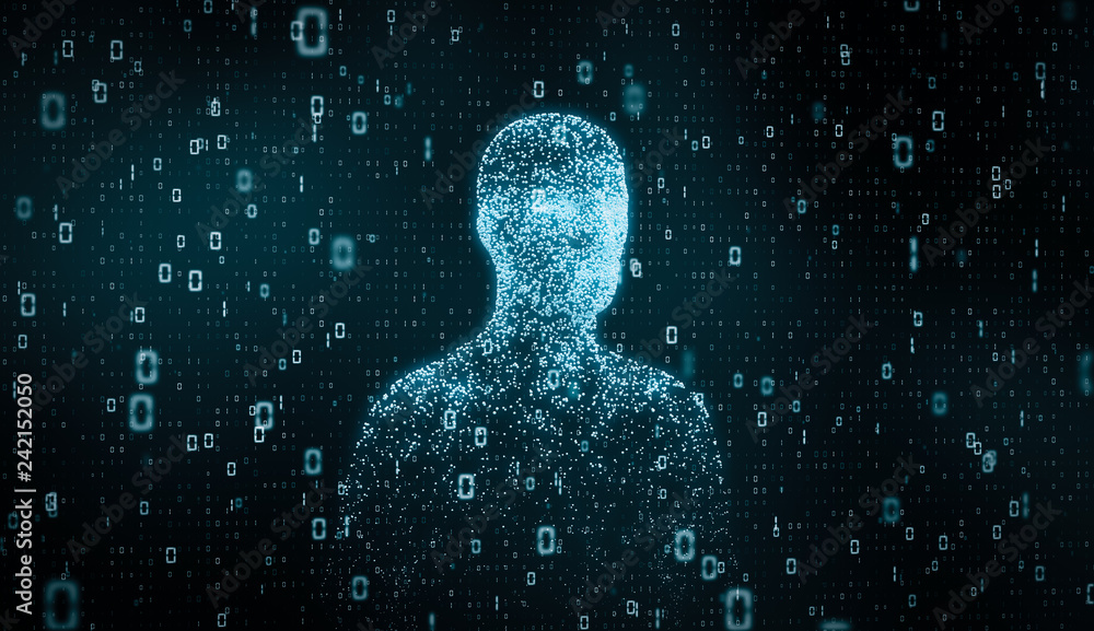 Futuristic digital particle Human face with number. Future artificial ...