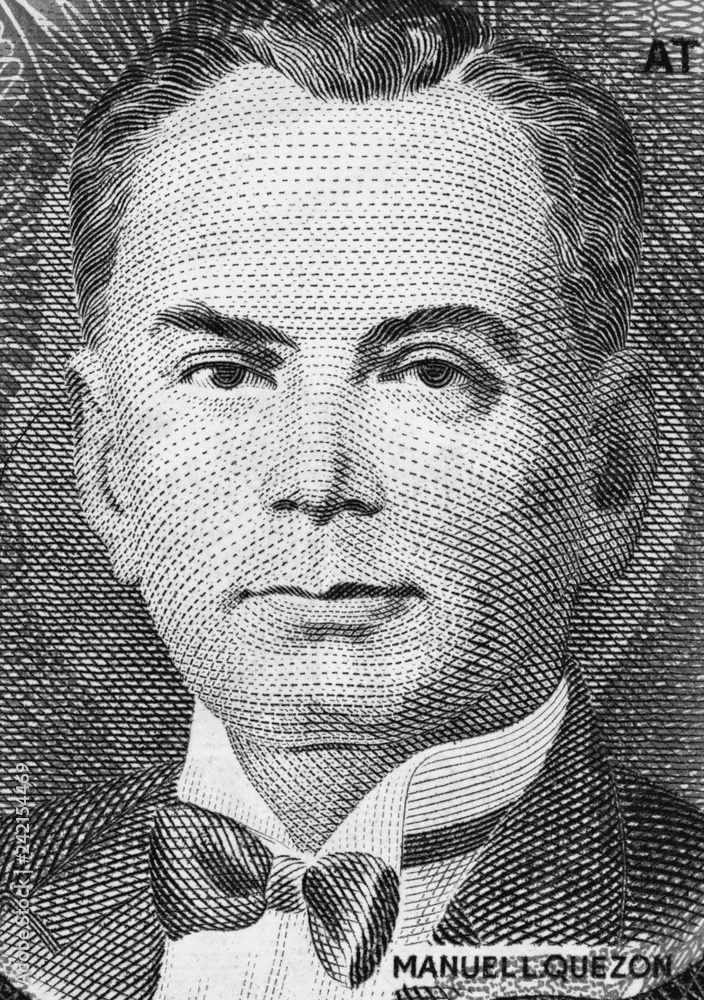 Manuel L. Quezon portrait on Philippine peso close up, black and white ...