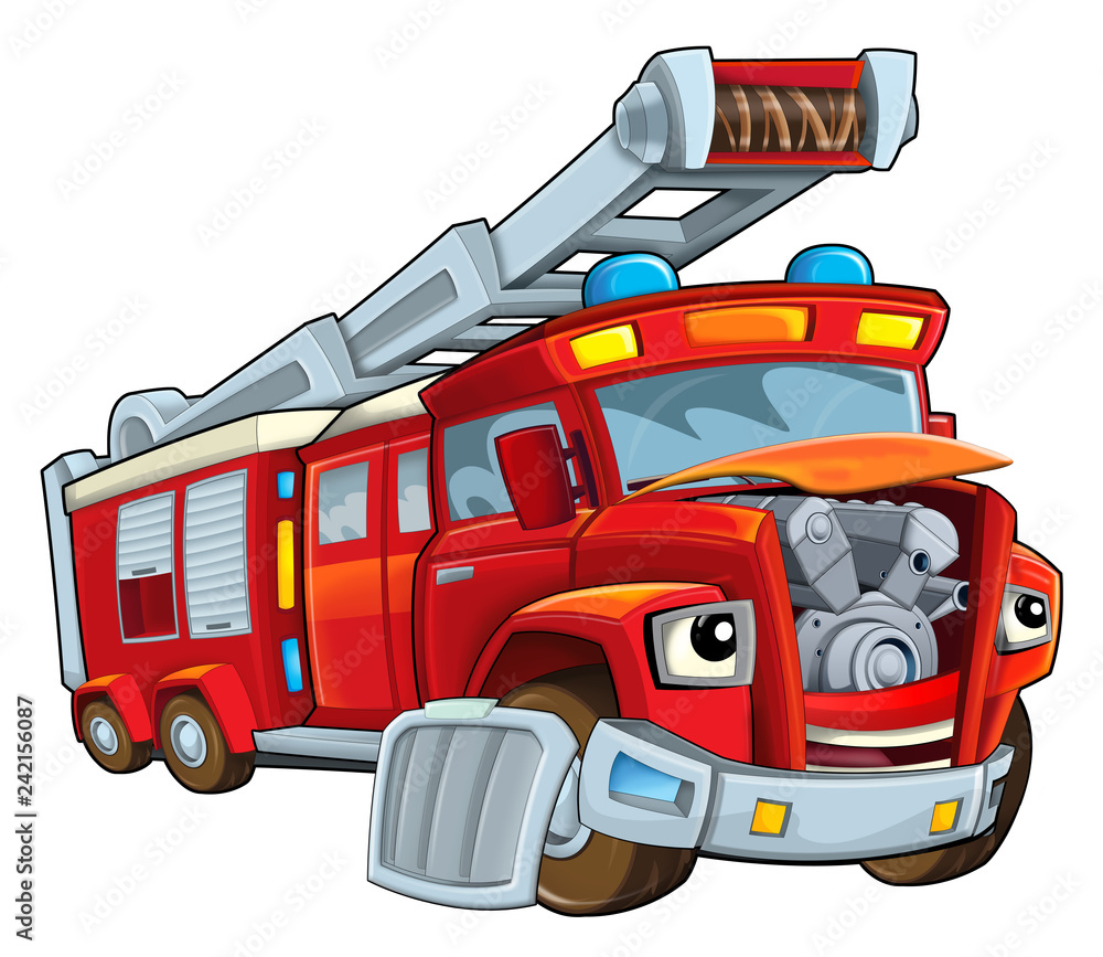 Cartoon happy and funny cartoon fire fireman bus looking and smiling ...