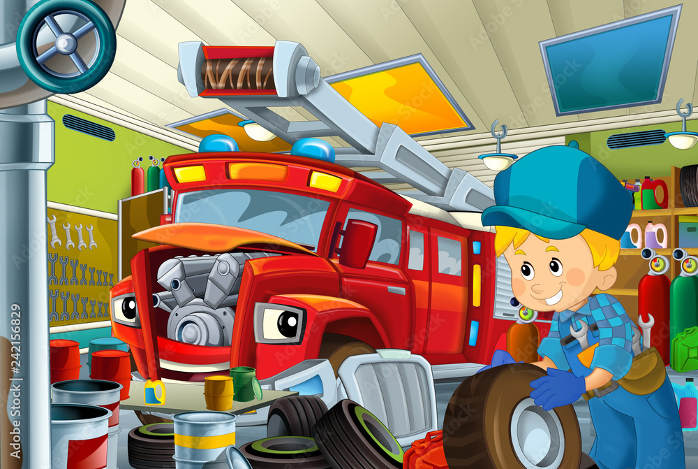 Cartoon mechanic workshop with fire truck - illustration for the ...