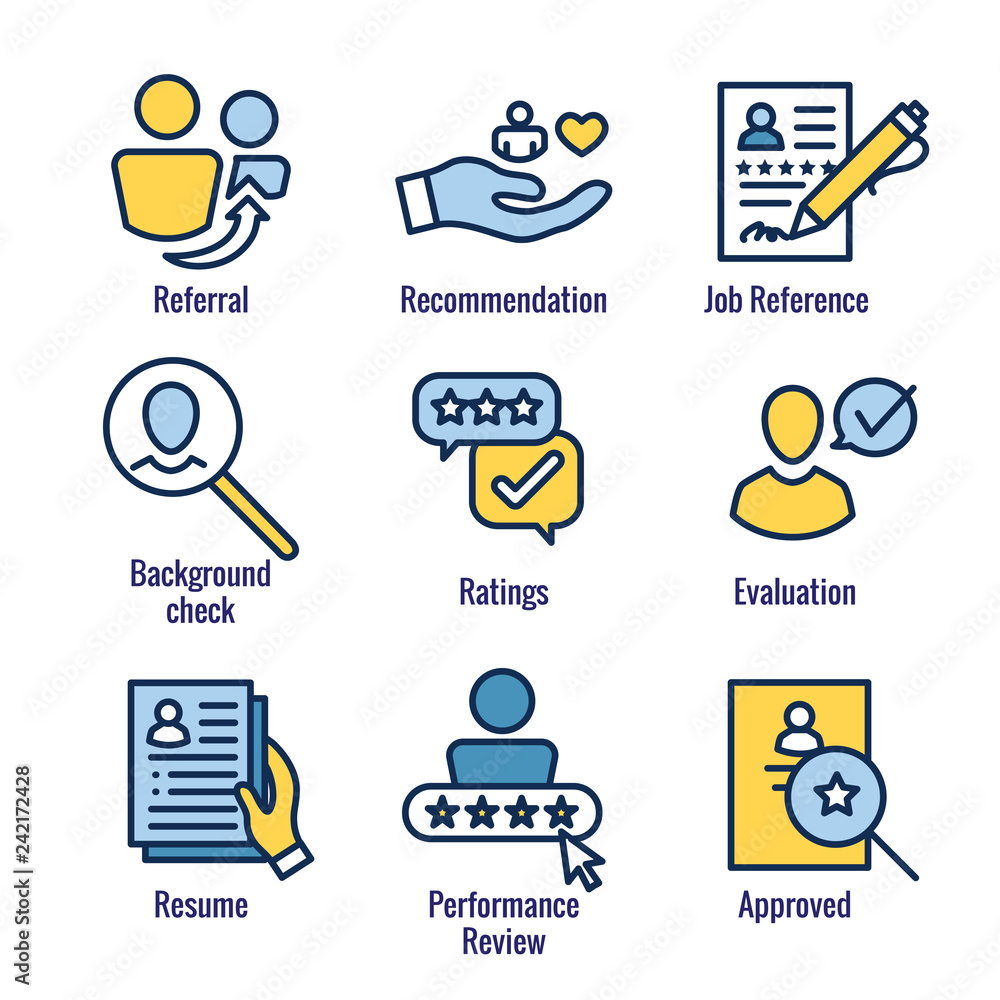 Referral Job Reference Icon Set with recommendations, performance ...