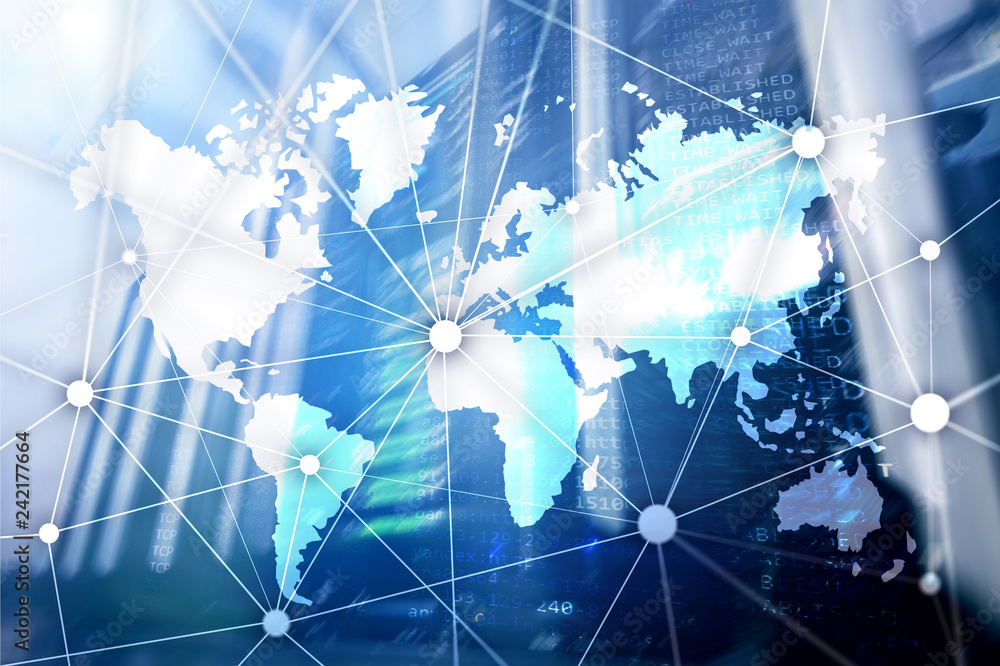World map with communication network on server room background. Stock ...