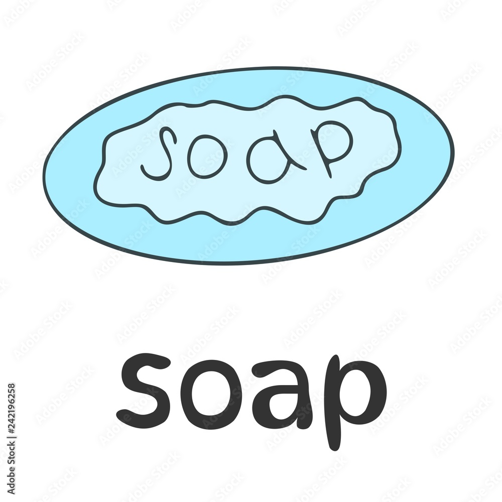 Children`s word card - english language: soap, care, health, line art ...