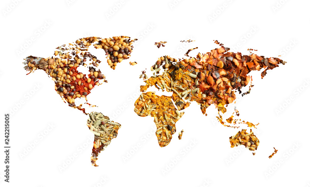 World map of different aromatic spices on white background. Creative ...