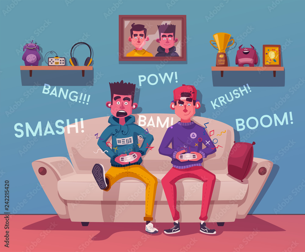 Friends is gaming. Gamers playing video game. Cartoon vector ...