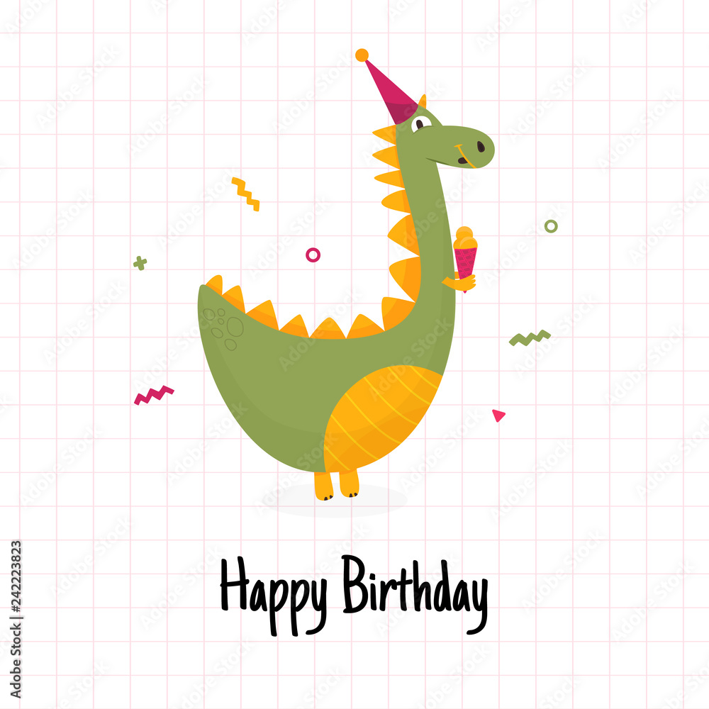Cute Happy Birthday card with dinosaur mascot. Happy child monster ...