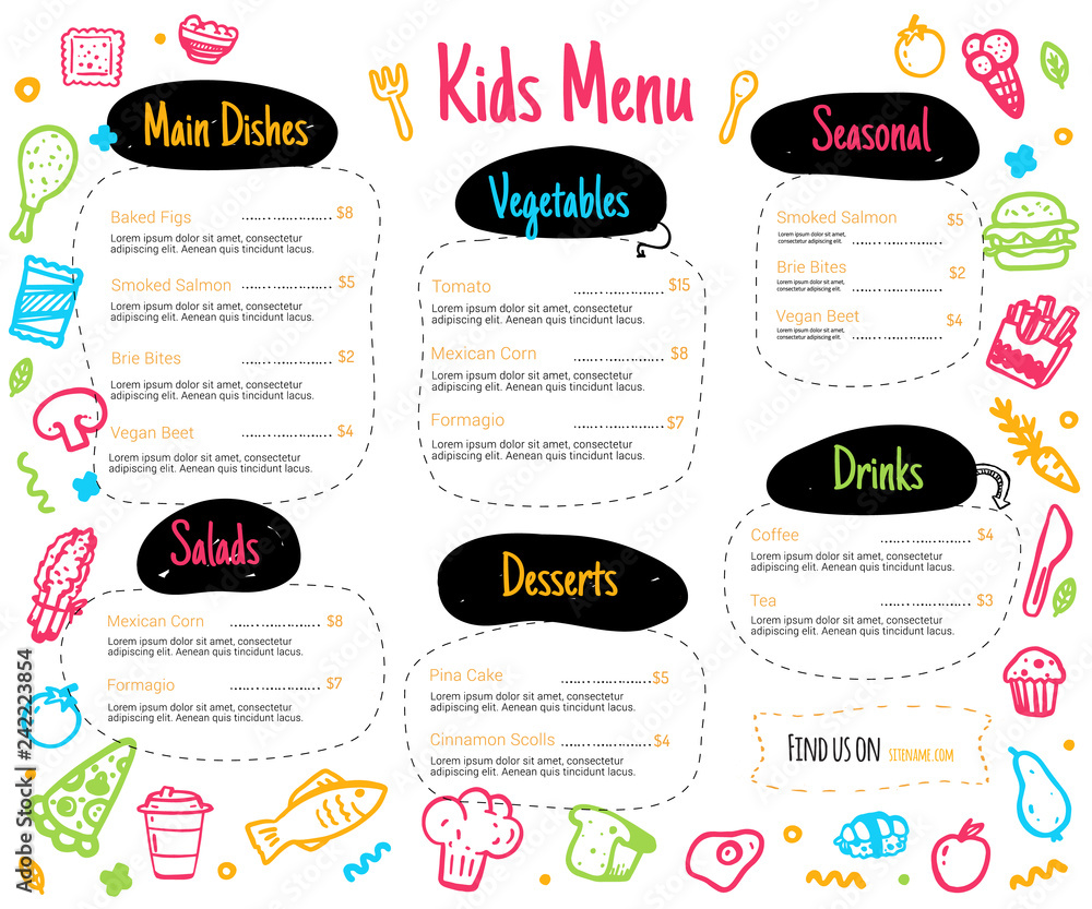 Colorful Kids menu in doodle style. Flyer layout template. Fresh food ...