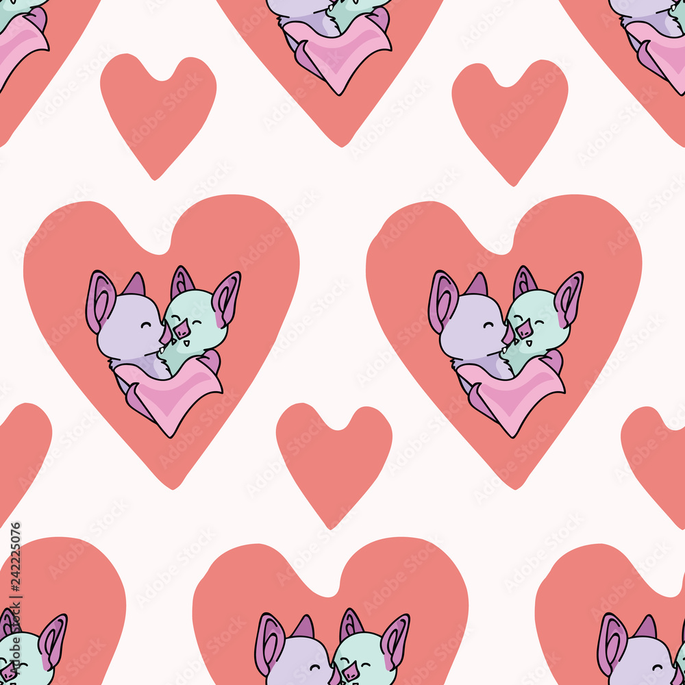 Vector coral bat hug hearts. Seamless repeat pattern. Hand drawn 2 bats ...