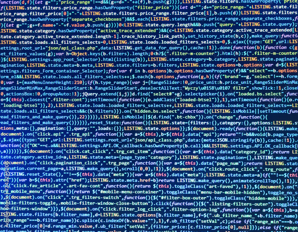 Closeup developing programming and coding technologies. Data processing center. Javascript ...