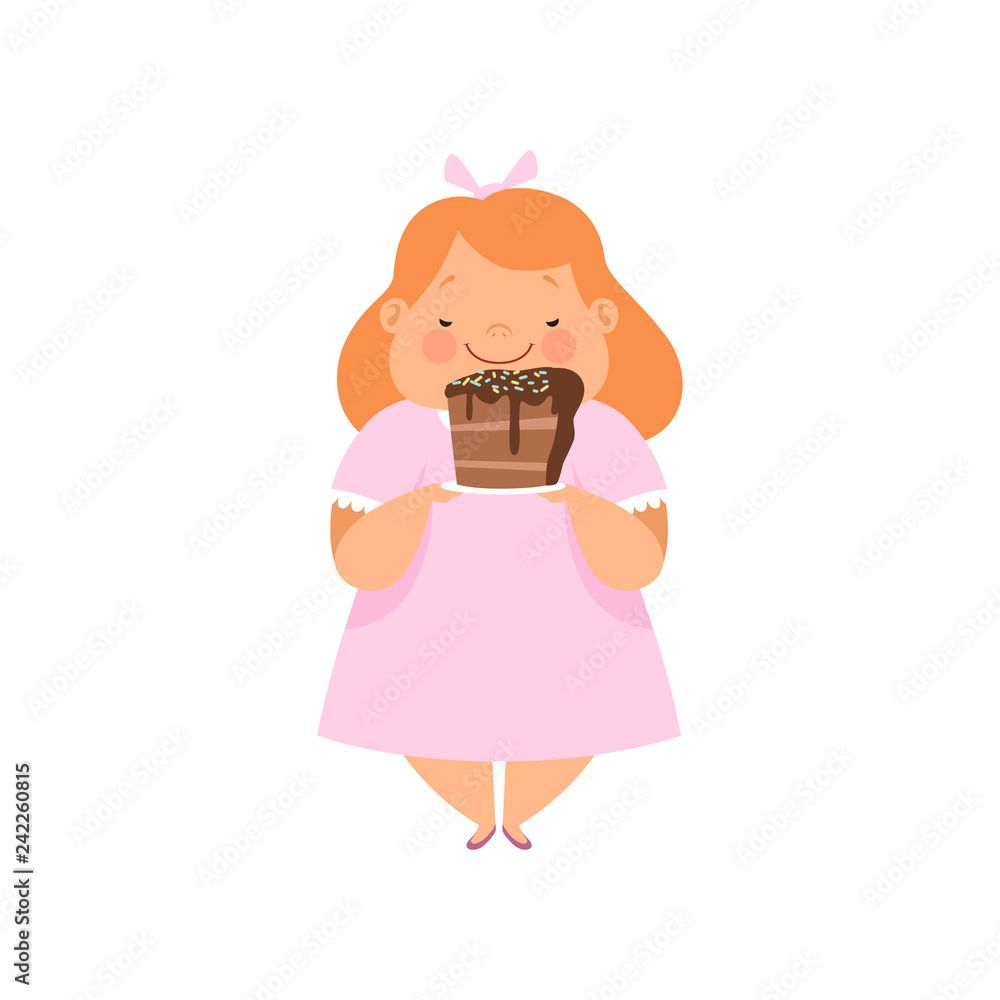 Overweight girl with a piece of chocolate cake, cute chubby child ...