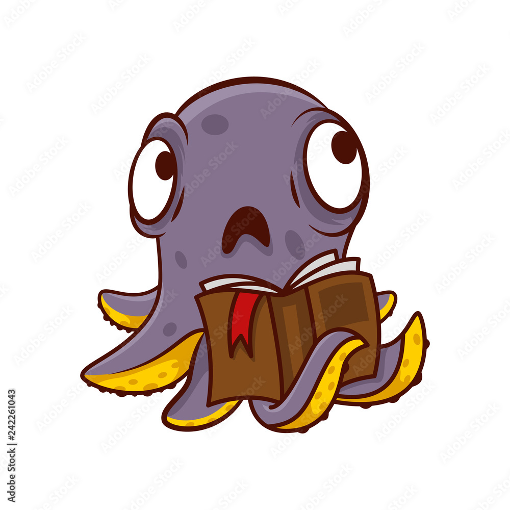 Purple octopus with sad face holding book in tentacle. Humanized marine ...