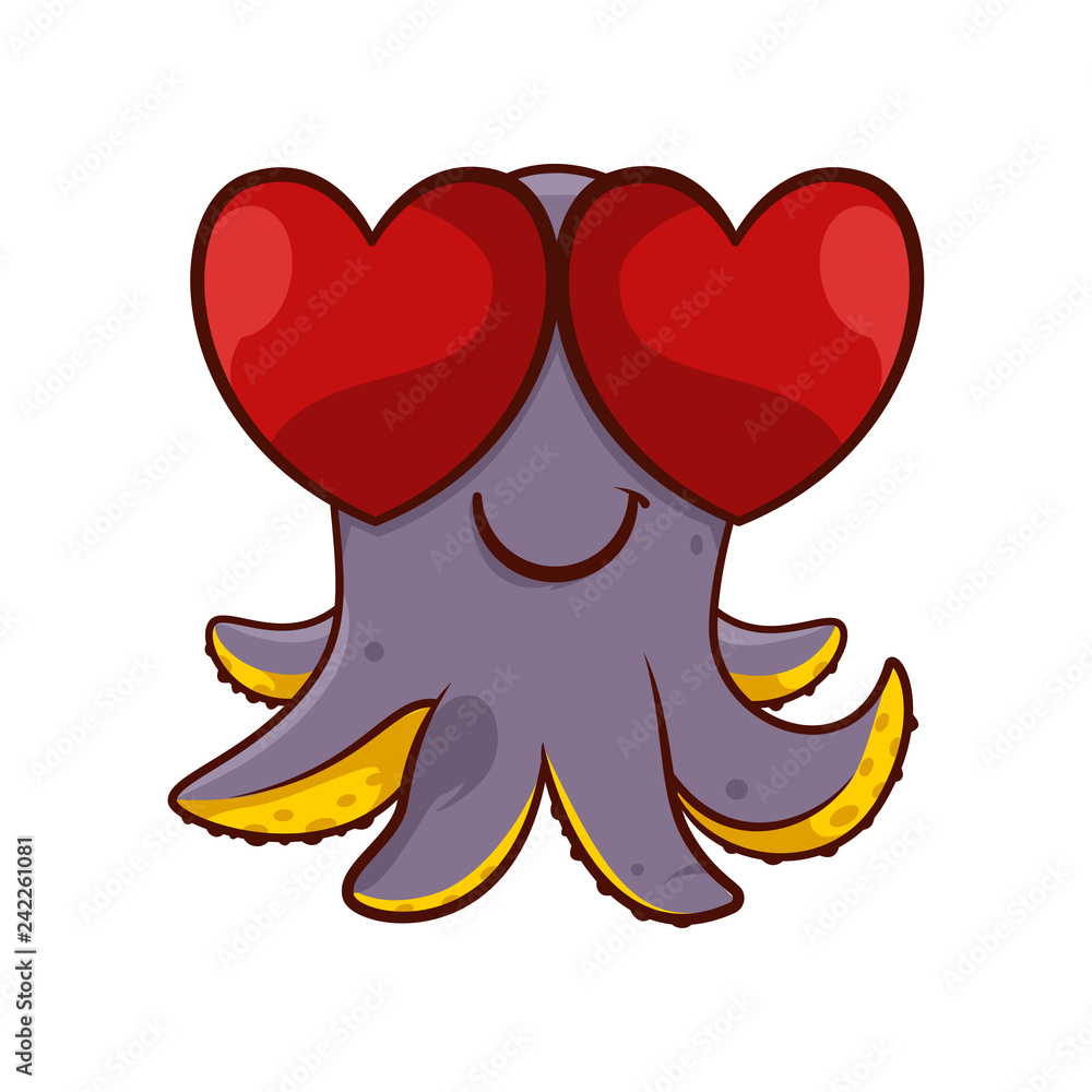 Enamored octopus with eyes in shape of two big red hearts. Sea creature ...