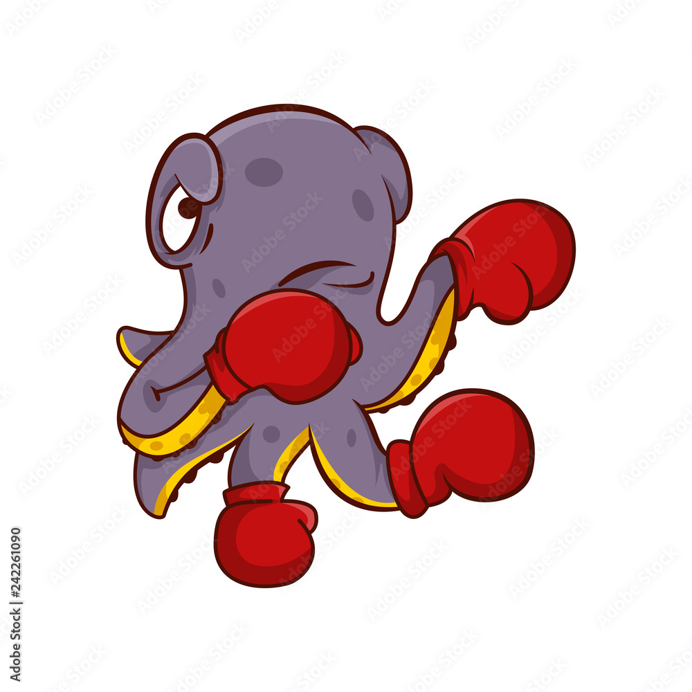 Purple octopus with red boxing gloves on tentacles. Humanized marine ...