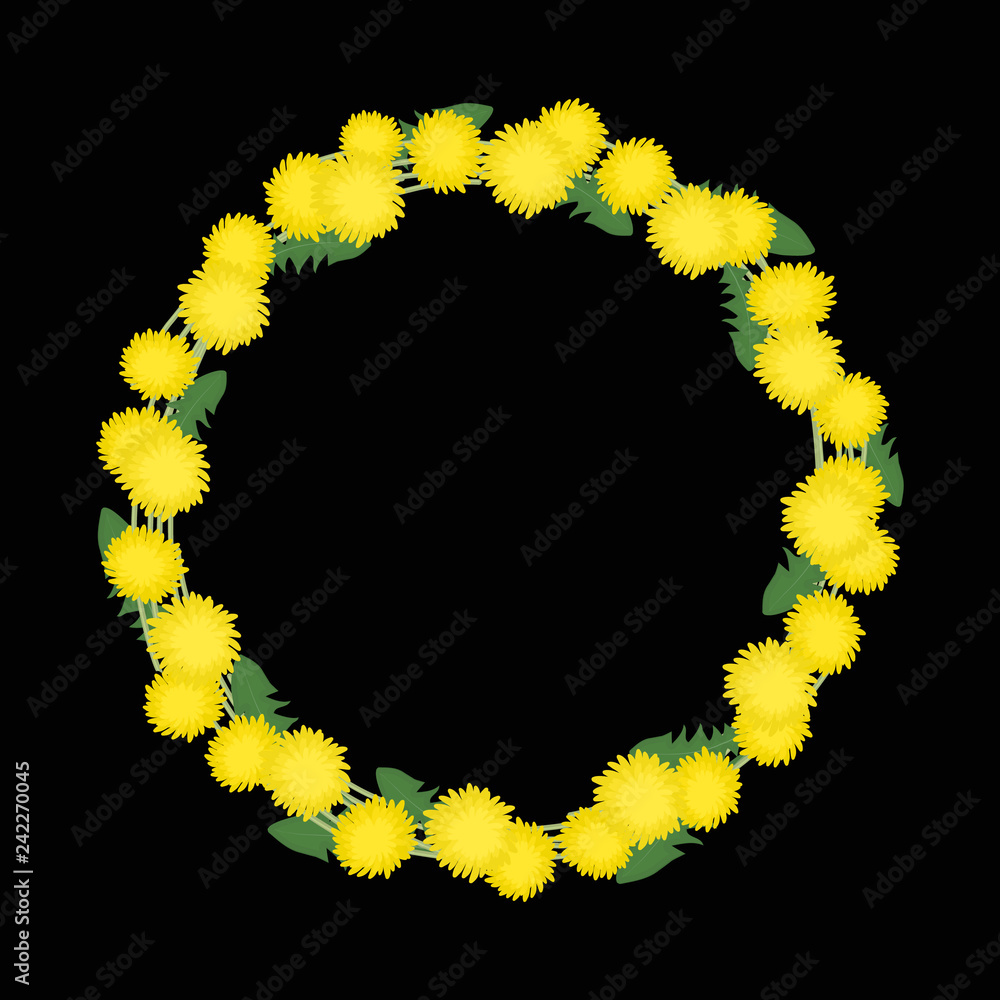 Dandelions wreath on a black background. Floral round frame from spring ...