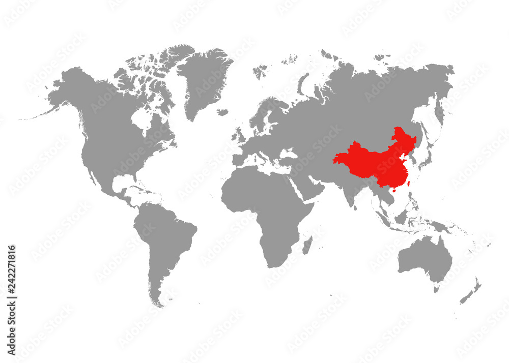 The map of China is highlighted in red on the world map Stock Vector ...