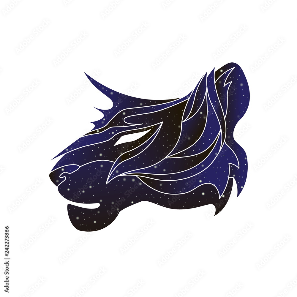 Stylized outline wildcat head. Vector line animal illustration, night ...