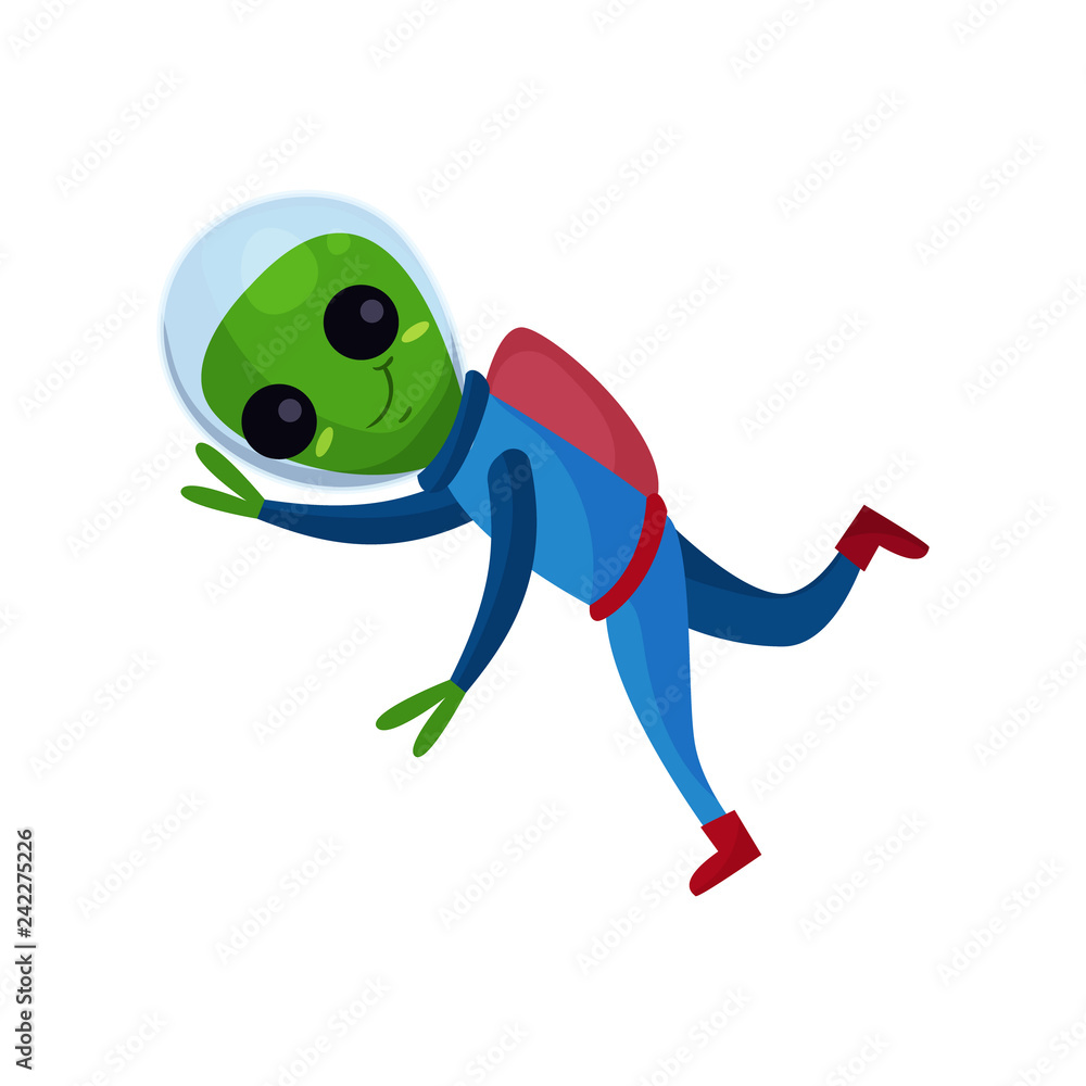 Smiling alien with big eyes wearing blue space suit flying in Space ...