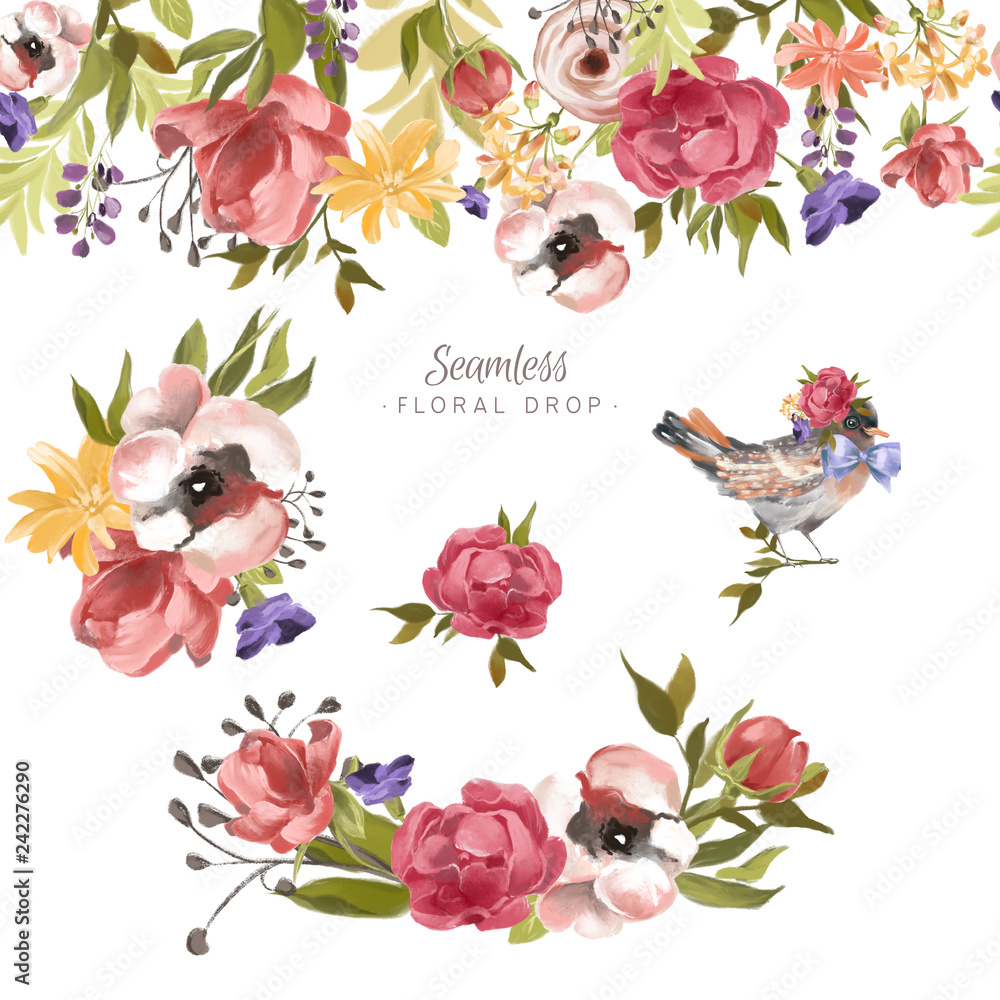 Beautiful seamless, tileable hand drawn floral, flowers drop kit with ...