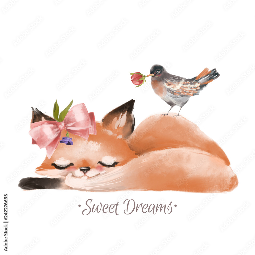 Cute hand drawn baby princess fox with floral wreath, bouquet, flowers ...
