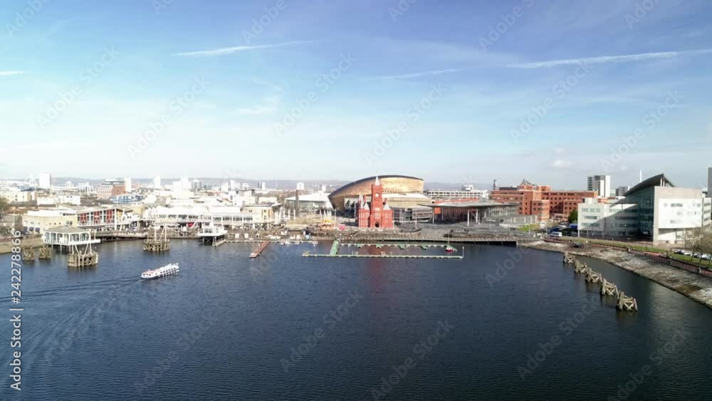 Aerial, boat comes to shore in Cardiff Bay Stock Video | Adobe Stock