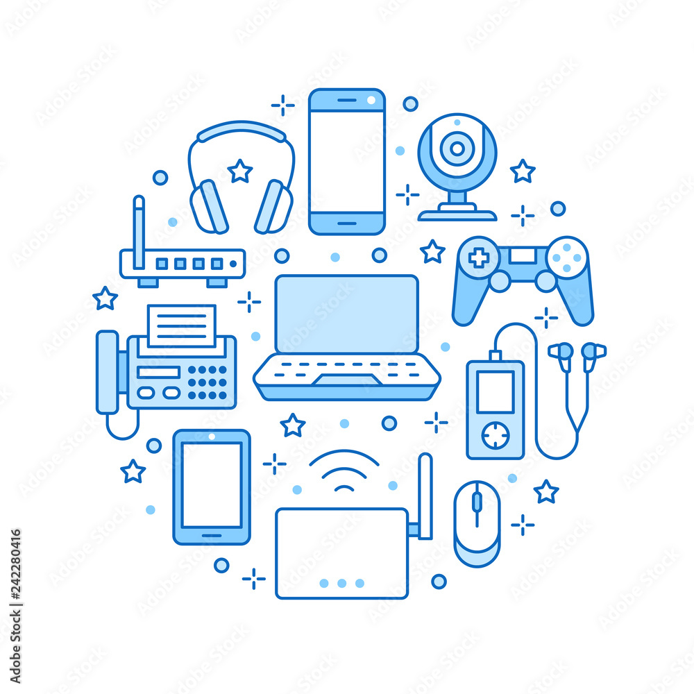 Electronics circle poster with flat line icons. Wifi internet ...