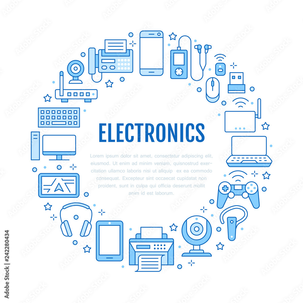 Electronics circle poster with flat line icons. Wifi internet ...