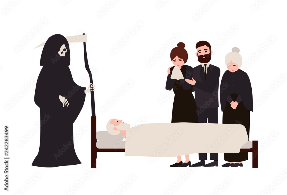 Group of sad people dressed in mourning clothes and Grim Reaper with ...
