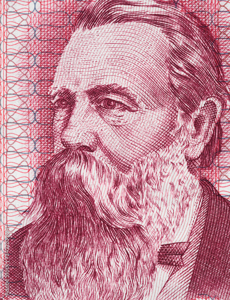 Friedrich Engels on East German banknote closeup macro. Famous ...