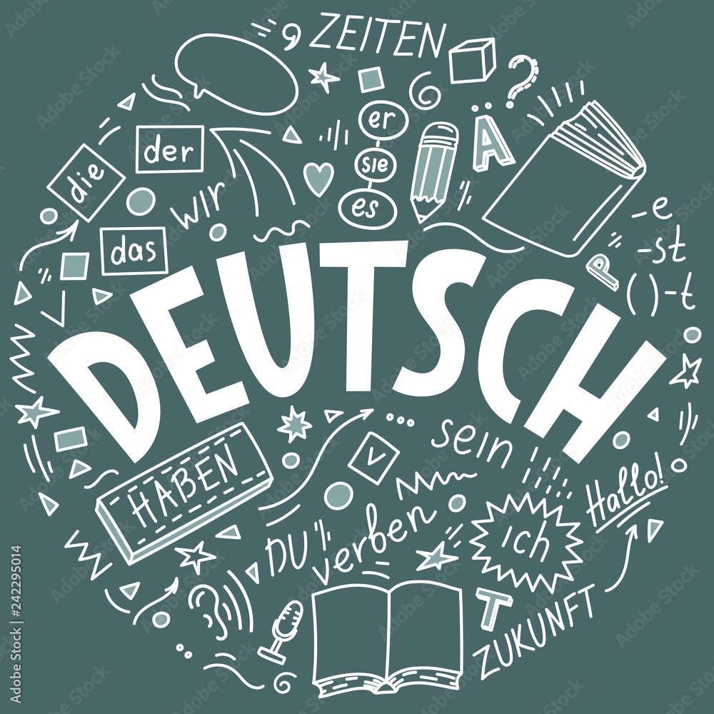 Deutsch. Translation: "German". German language hand drawn doodles and ...